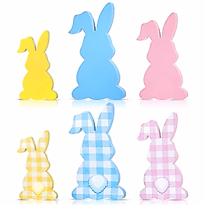 3 Pieces Easter Decor Bunny Tiered Tray Decoration Table Wooden Sign Buffalo Plaid Spring Rabbit Shape Wood Tabletop Decoration for Easter Party Desk (Vivid Style)