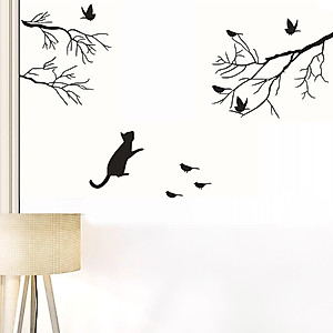 BIBITIME Vinyl Black Cat Staring at Birds on Tree Branch Wall Decal for Living Room Glass Door Window Nursery Bedroom Children Kids Baby Rooms Decor Home Art Murals