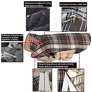 Sychien Dog Plaid Snow Jacket,Reflective Winter Warm Reversible Plaid Medium Coats,Christmas Thanksgiving Velcro Coats for Small Boy Girl Dogs,Khaki M