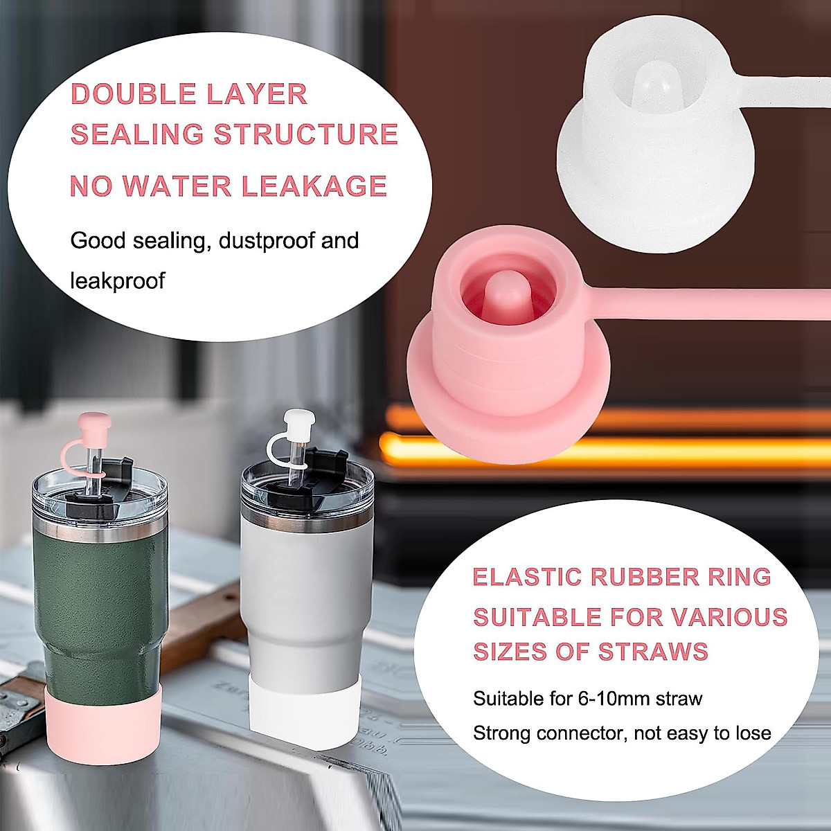 6 Pack Silicone Straw Cover Compatible with Stanley H2.0/1.0 Tumbler Cups All OZ, Reusable Drinking Straw Topper, Dust-Proof Straw Covers Cap for 6-10m/0.23-0.4inch Straws (2 Clear+2 white +2 pink)