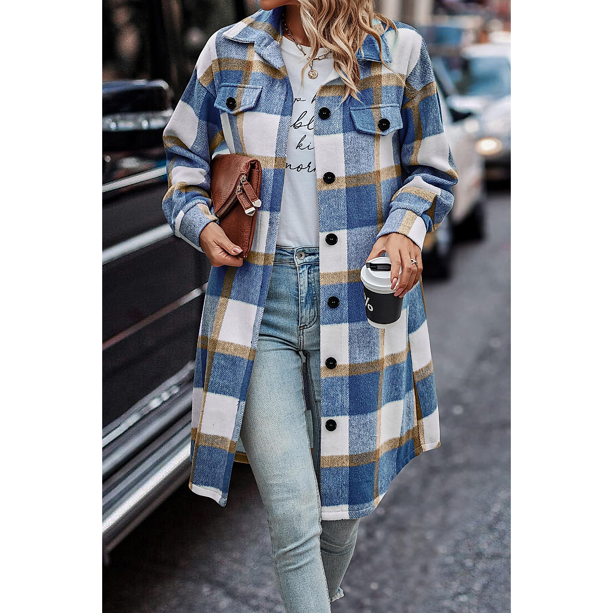 PRETTYGARDEN Women's Plaid Shacket 2025 Long Sleeve Button Up Flannel Shirt Winter Tartan Jacket Woolen Coats (Plaid Blue White,Medium)