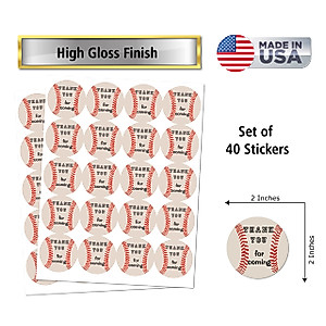 40 Thank You Baseball Labels, 2 Inch Big Round Glossy Stickers, Great Stickers for Birthday Party, Baby Shower, Wedding, Graduation, or Any Family Event Decorations, Made in USA