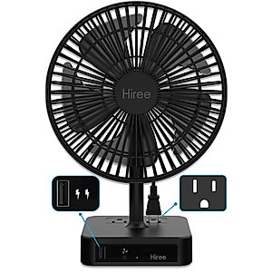 Hiree Desk Fan with USB Charging Port, 2 Speeds 6.7 Inch Small Desktop Table Fan with USB Charger, AC Outlets, Strong Wind, Quiet Operation - Personal Fan for Bedroom, Home, Office and Dorm Room