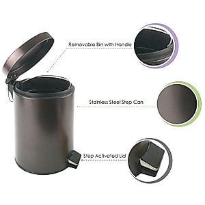 Stainless Steel Small Trash Can with Lid & Step Pedal - 5 Liters/1.3 Gallon Soft Close Waste Basket with Removeable Inner Bucket - Garbage Can for Bathroom, Bedroom, Kitchen & Office (Bronze)