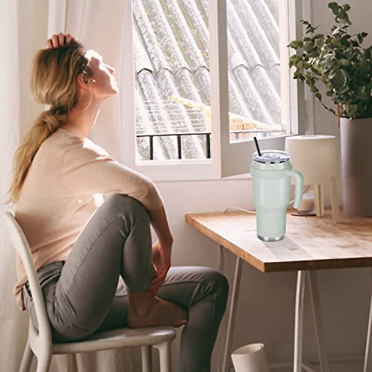 Rietore 40 oz Tumbler with Handle and Straw, Stainless Steel Tumblers Insulated Tumblers with Lids Double Wall Vacuum Coffee Travel Mug, Sweat Proof, Leak Proof, Light Emerald