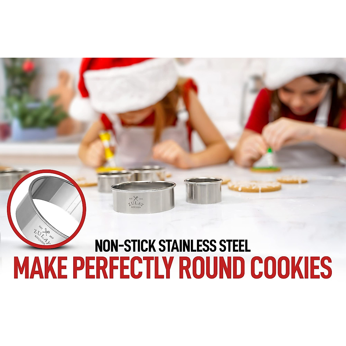 Zulay (5-Pieces) Round Cookie Cutters - Stainless Steel Rustproof Circle Biscuit Cutter Molds - Assorted Round Cookie Cutters With Rolled Top Edges For Dough & Pastries