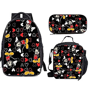 Funny Mic.key Mouse 3Pcs School Backpack, 3pcs Printed Backpack Sets for Primary Junior High University School Bookbag 3 in 1 And Lunchbox And Pencil Pouch