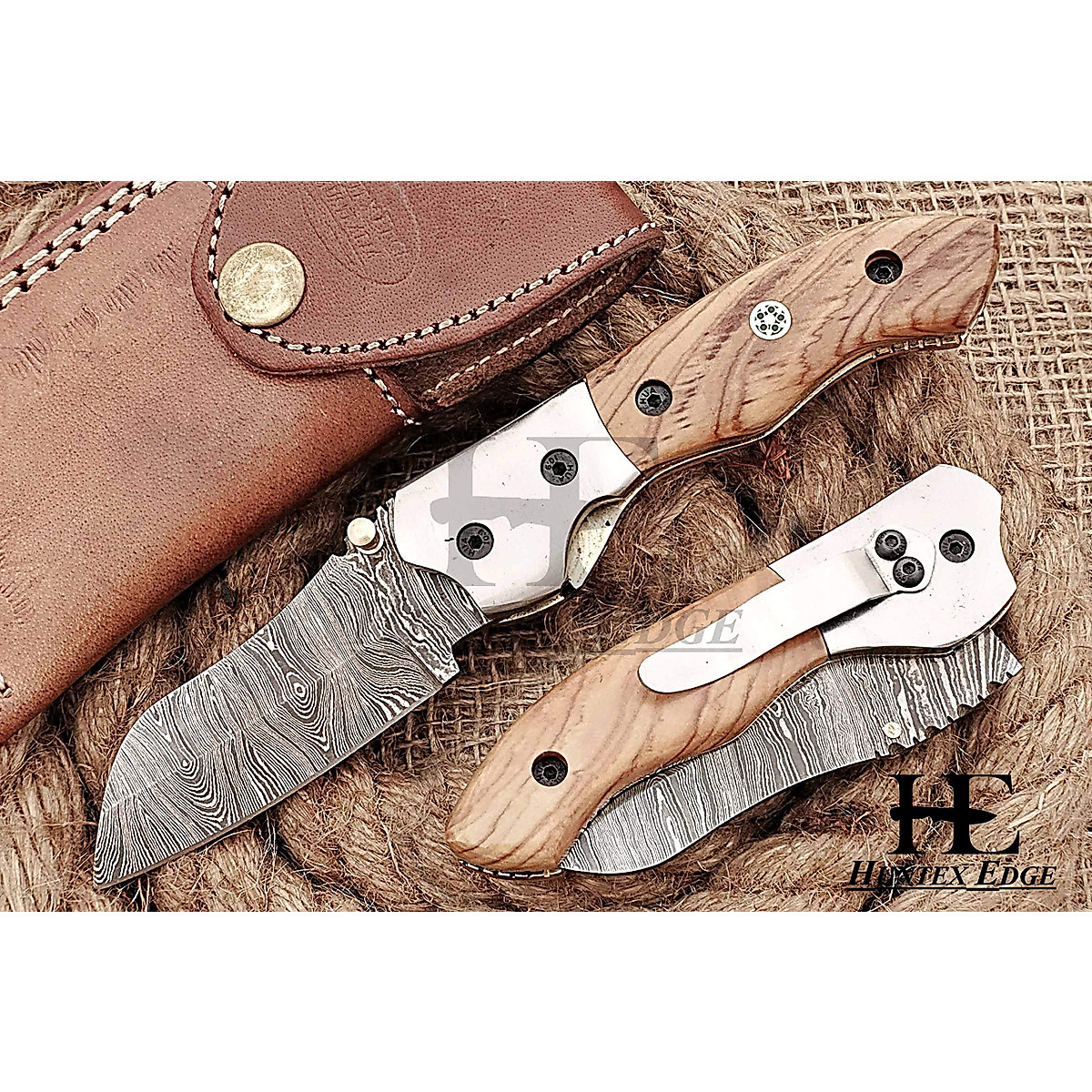 HUNTEX Custom Handmade Hand-Forged Twist Pattern Damascus Steel 3.7 Inch Long Natural Olive Wood Handle Razor Sharp Hunting Folding Pocket Wharncliffe Knife with Pocket Clip & Genuine Leather Pouch