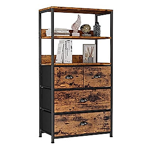 Furologee Vertical 4 Drawer Dresser Organizer with 3-Tiers Wood Shelf,Tall Fabric Storage Tower Unit, Sturdy Metal Frame Furniture,Removable Brown Fabric Bins for Bedroom,entryway,Office