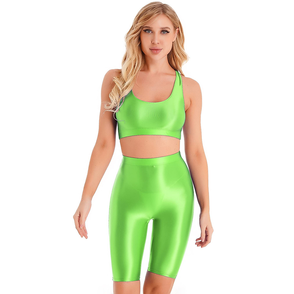 YiZYiF Women Glossy 2 Piece Set Yoga Crop Top Shorts Set Outfits Sleeveless Tracksuit Workout Set Fluorescent Green X-Large
