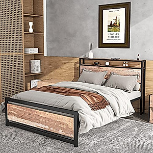 Osfvolr Queen Bed Frame, Industrial Metal Platform Bed Frame with 2 Tier Storage Wooden Headboard and Footboard, Heavy Duty Steel Mattress Foundation, Noise Free, Bedroom Furniture, Rustic Brown