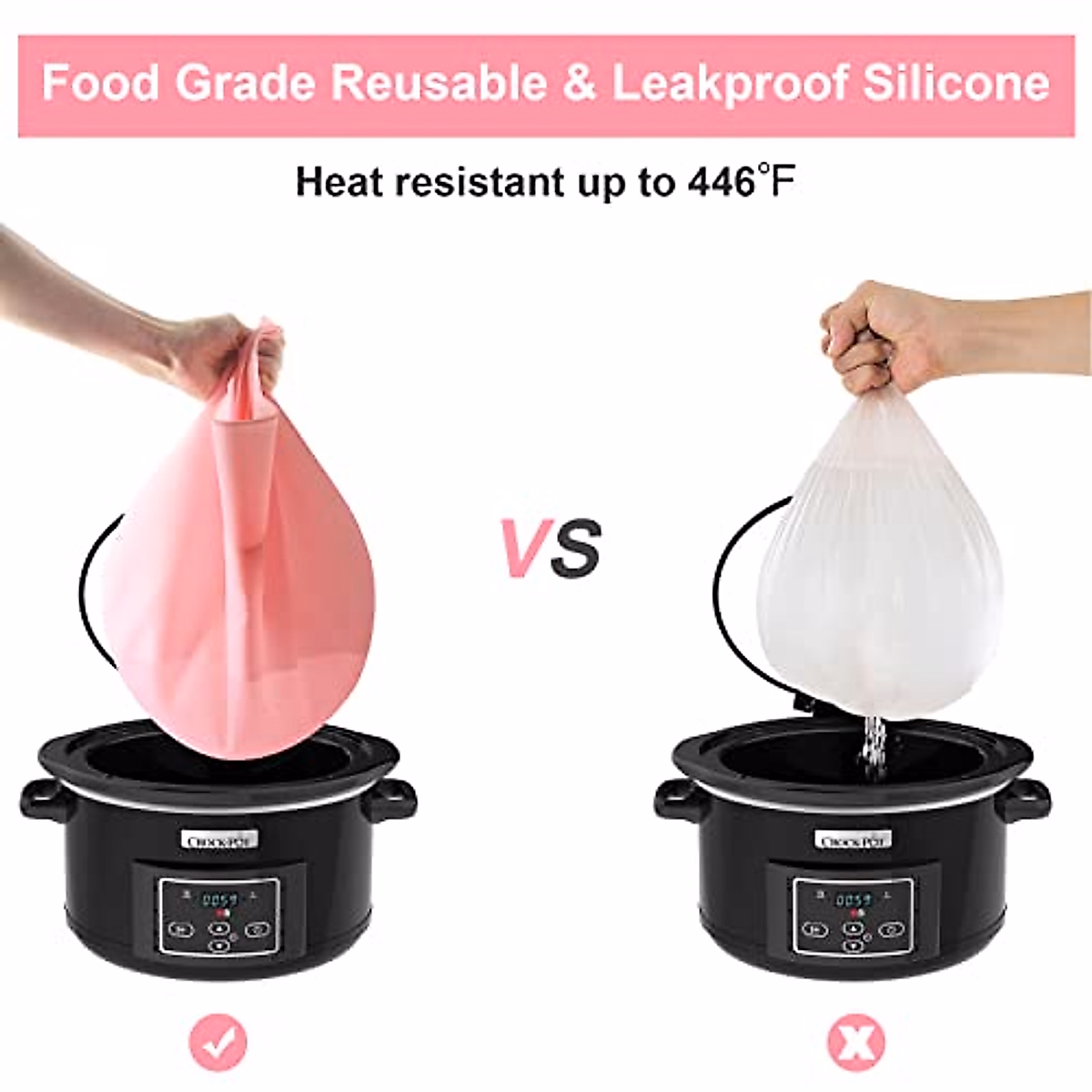 2 Pack Foldable Silicone Slow Cooker Liners, Reusable Crock Pots Silicone Liner Fit 6-8 Quarts Crockpot Leakproof Easy Clean Bags Divider for Oval or Round Pot (Pink+Yellow)