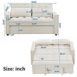 Infirleo Pull Out Sofa Sleeper, 3-in-1 Convertible Sleeper Sofa Bed for Living Room Apartment, 58" Velvet Sleeper Loveseat Pull Out Bed, Adjustable Backrest, 2 Pillows and Side Pockets (Beige)