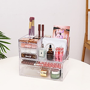 Cq acrylic 2 Pack Clear Make Up Organizers for Vanity,Stackable 5 Drawers Make Up Organizer,Cute Desk Organizer for Vanity Jewelry,Hair Clip,Beauty,Skincare Product Dresser Acrylic Drawer Organizer
