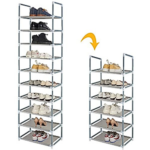 FORUP 10 Tiers Stackable Shoe Rack, Adjustable Shoe Storage Organizer Shelf, Non-Woven Fabric Shoe Tower Shelf (Grey)