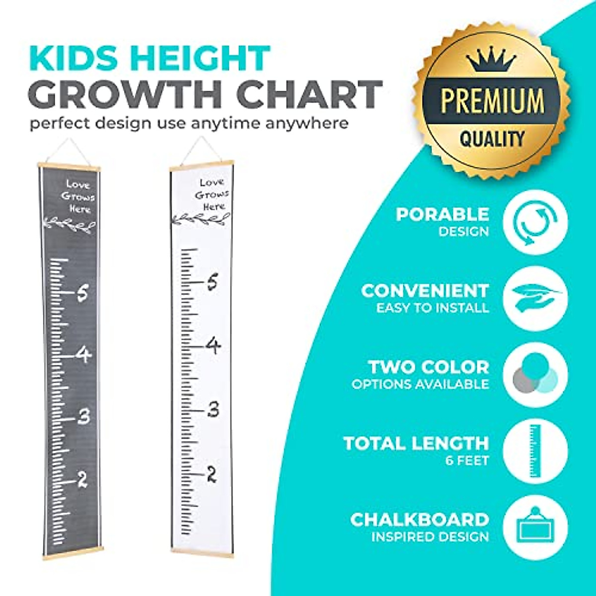 Height Growth Chart for Kids - Love Grows Here Height Growth Farmhouse Decor Height Chart for Kids Wall Decor Wall Hanging Kids Growth Chart Tape Measure Roll Up Growth Chart for Wall Decor (Black)
