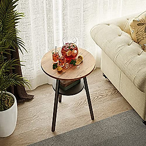 CubiCubi Round End Table, Side Table with Wooden Shelves, 2-Tier Rustic Vintage Table for Living Room Bedroom, Metal Frames and Wooden Boards, Fir Brown