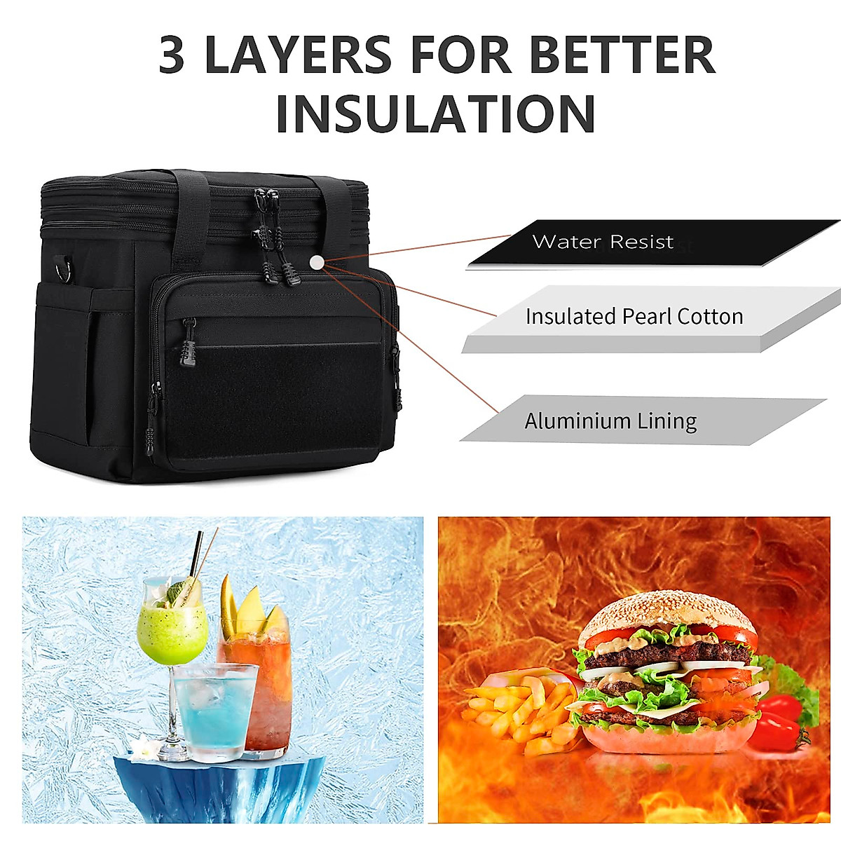 Gafetrey Tactical Lunch Box for Men, Insulated Lunch Bag Adult, Thermal Lunchbox Leakproof Waterproof Cooler Bag, Dual Compartment Lunch tote, Large Lunch Pail for Work Office Camping Travel(Black)