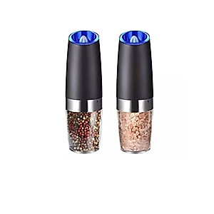 Gravity Electric Salt and Pepper Grinder Set, Battery operated, Stainless Steel, Adjustable Coarseness, LED light, One Hand Automatic Operation, 2 pack