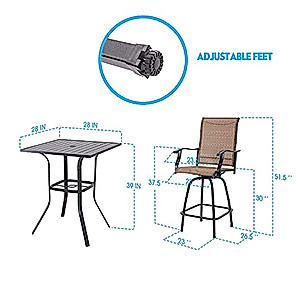 VICLLAX 5PCS Outdoor Swivel Bar Sets, Bar Height Patio Set with 4 Patio Bar Stools and 1 Square Bar Table with Umbrella Hole, Black Frame