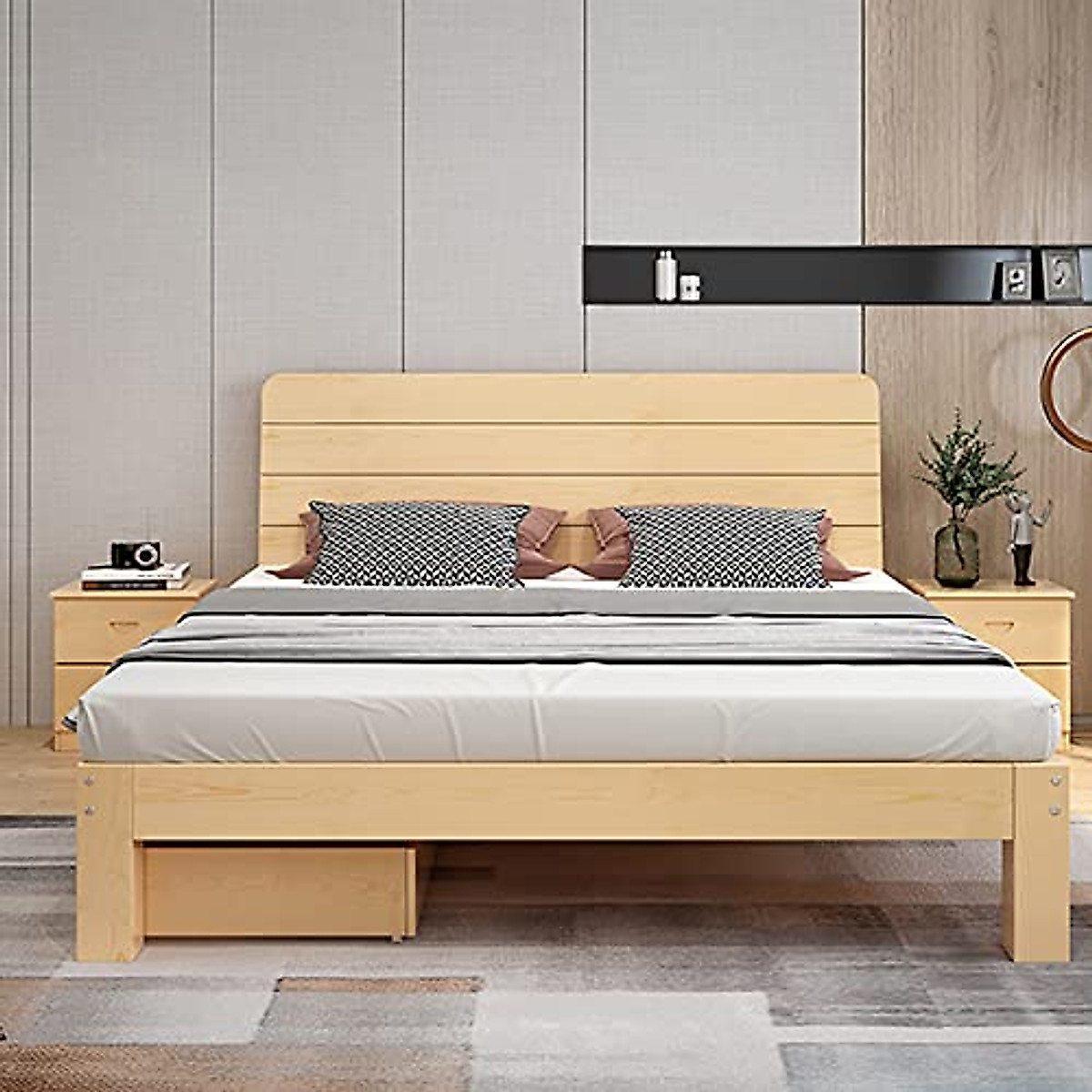 LITFAD Contemporary Pine Wood Platform Bed Natural Bed Frame with Headboard Mattress Wooden Slats Support Bed (No Box Spring Needed) - Storage Included Bed & Mattress Full-Covered, California King
