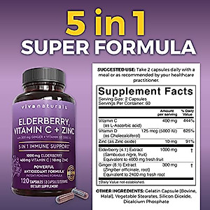 Viva Naturals Sambucus Elderberry with Zinc and Vitamin C for Adults, Vitamin D3 5000 IU and Ginger - Immune Support Supplement, 2 Months’ Supply - Black Dried Elderberry Capsules for Adults