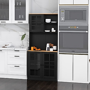 LOKO 72" Kitchen Hutch Storage Cabinet, Freestanding Pantry Buffet Cabinet with Glass Doors, Open & Closed Storage, 3-Position Adjustable Shelves, Tall Cupboard Storage Cabinet (Black)