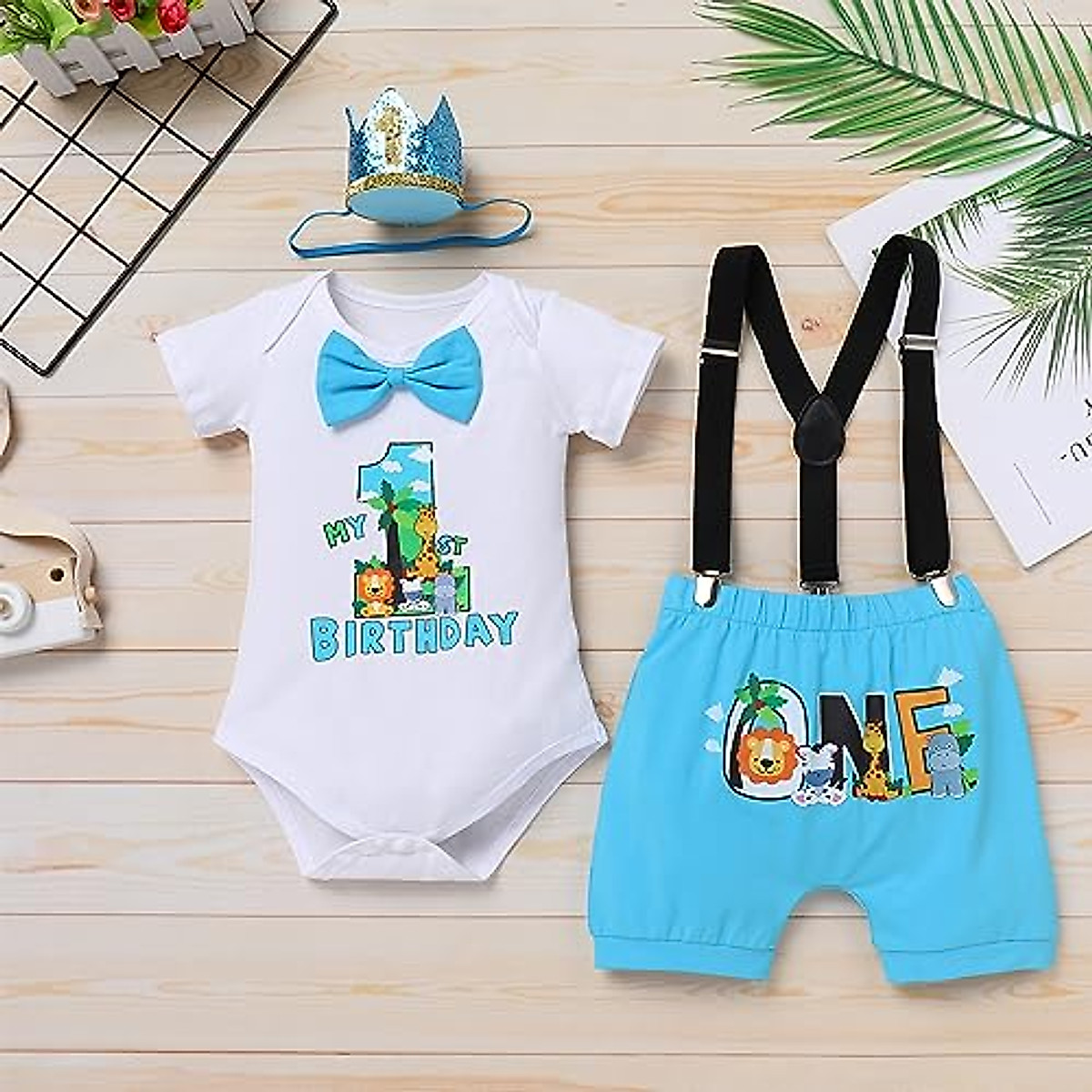 Wild One Birthday Decorations Supplies, Jungle Theme First Birthday Decoration, Newborn Baby Cotton Bodysuit One Pants Clothes Set for 1st Birthday Boy Safari Party Supplies Blue 12-18 Months
