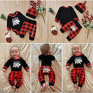 Preemie Newborn Baby Boy Christmas Clothes Buffalo Plaid Outfit Long Sleeve Baby Bear Romper Bodysuit + Long Red Tartan Pants + Xmas Red Plaid Hat 3Pcs Clothing Sets