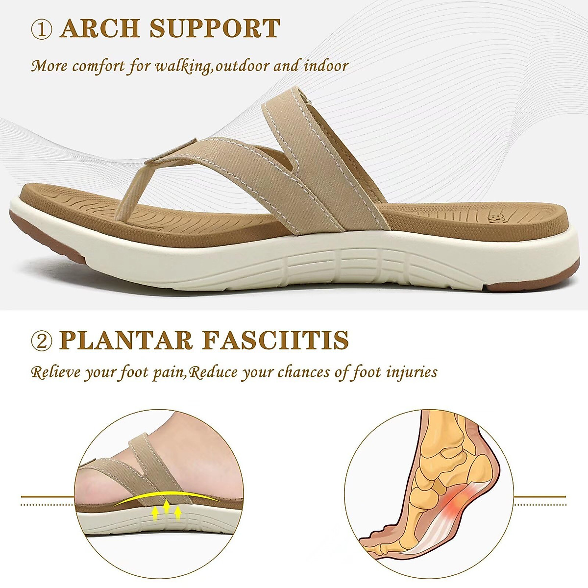 COFACE Womens Orthopedic Flip Flops Ladies Slip On Athletic Yoga Memory Foam Cushioned Recovery Walking Thong Sandals Summer Beach Pool Slippers Comfortable Plantar Fasciitis Arch Support Beige Size 8