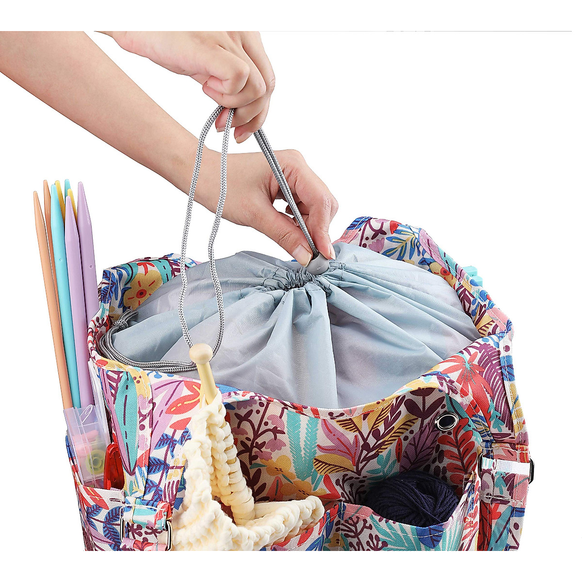 KOKNIT Waterproof Craft Bag, Portable Durable Shoulder Tote Travel & Yarn Bag with Drawstring Closure, Premium Organizer Bag for Yarn and Crafts