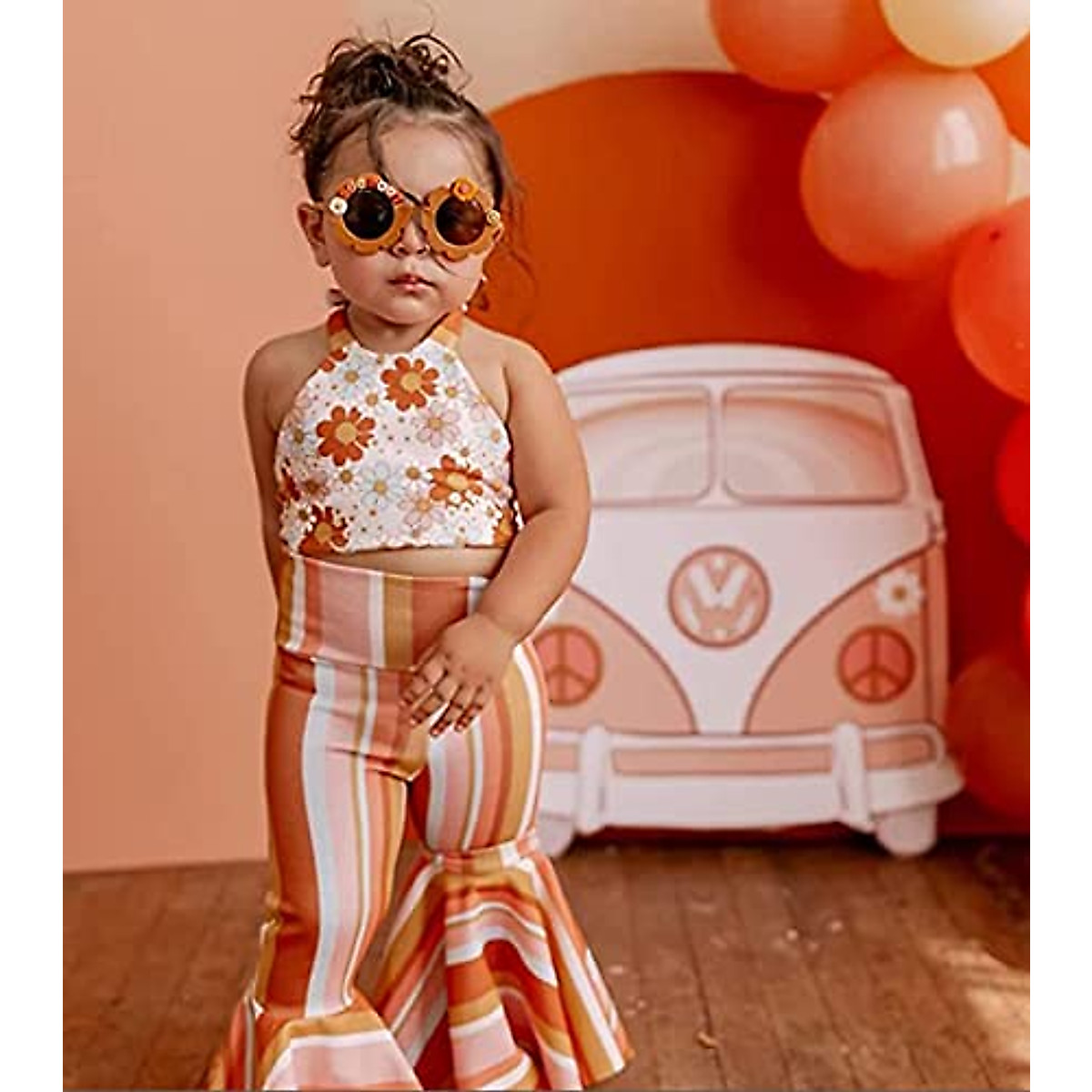 Baby Girl Summer Clothes Cute Bell Bottoms Outfits Sleeveless Halter Backless Crop Tank Tops Flare Pants Set (A-Colorful, 18-24 Months)