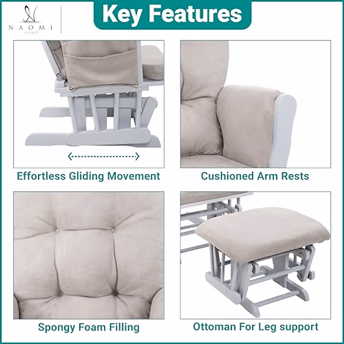 Brisbane Nursery Glider & Ottoman Sets, Glider Recliner Nursery Rocking Chair, Nursery Glider Rocker with Ottoman, Reclining Gliders & Chairs for Breastfeeding, Maternity, Napping - Light Gray