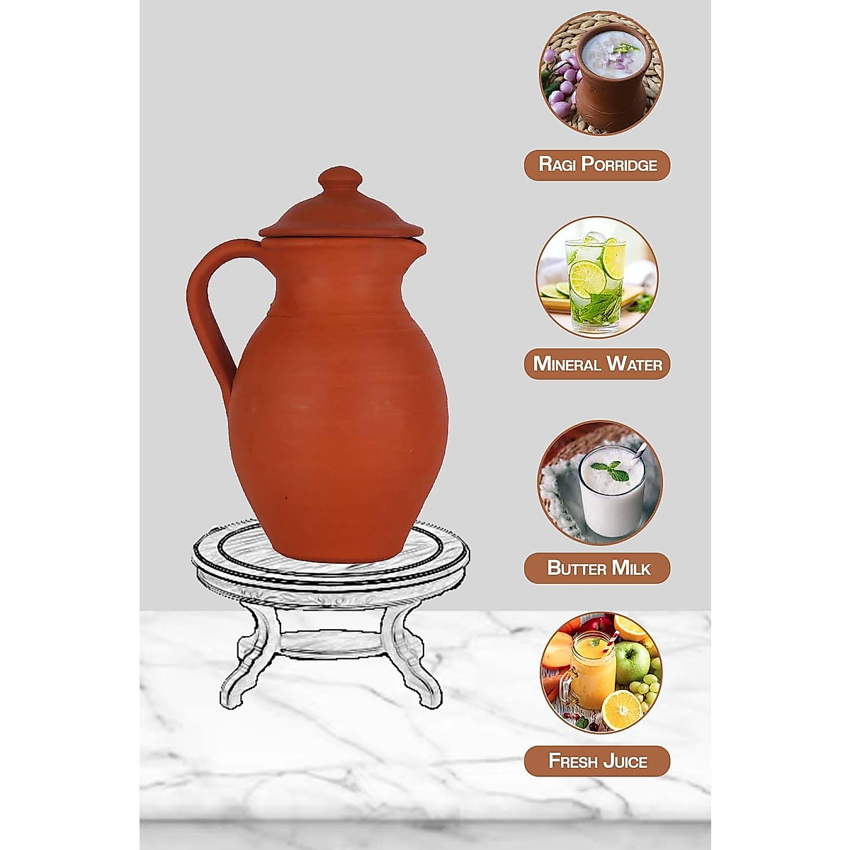 Village Decor Handmade Earthen Clay Water Jug with Lid | Carafes Pitcher | Capacity 51 oz 1500 ml