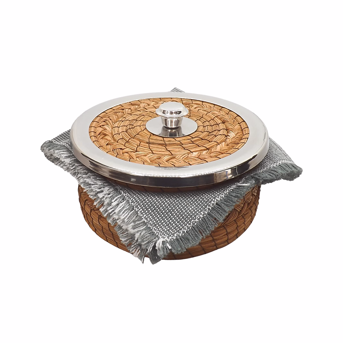 MEXTEQUIL - Authentic Mexican Tortilla Warmer Basket - Pine Needle Handwoven with Handloomed Cloth (Small Metal Rim w cloth)