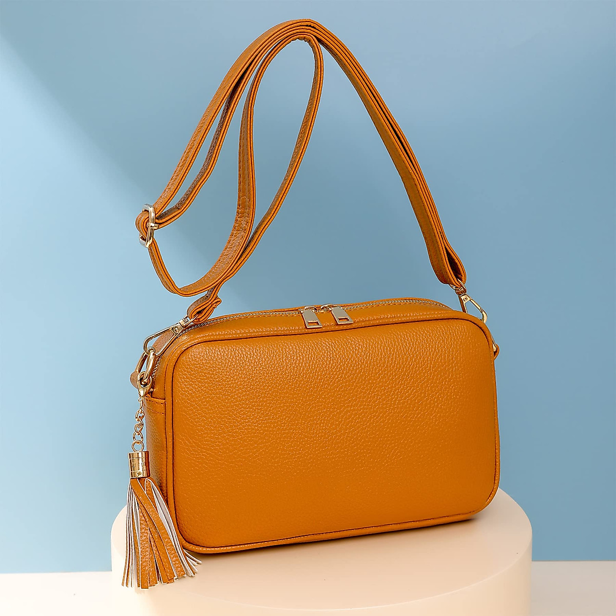 DIVCIDLC Women Camera Bag Purse, Convertable Crossbody Bags, Guitar Strap Shoulder Purse with Tassel, Turmeric