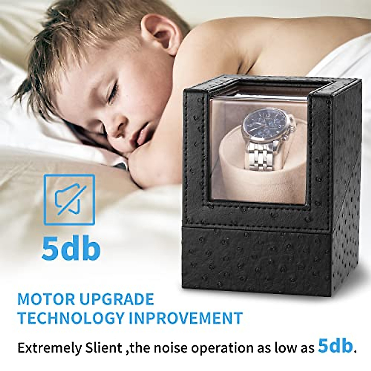 Efaithtek Automatic Single Watch Winder in Black Ostrich Pattern Leather with Japanese Quiet Motor，AC Adapter or Battery Powered