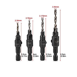 6 Pcs Countersink Drill Bit Set, 1/4 inch Hex Shank HSS Drill Bits #6#8#10#12 Countersink Woodworking Tool with L-Wrench
