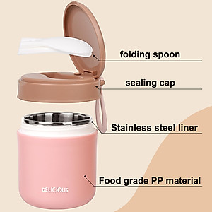 Insulated Food Container for Kids Adult - 15.2 Oz, Stainless Steel Vacuum Insulated Kids Food Jar with Folding Spoon, Leak Proof, Vacuum Insulated Thermo, Portable Food Bowl, Pink