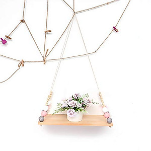 Garneck Wall Mounted Shelving Wood Hanging Shelves Swing Rope Floating Shelves Wall Shelves Storage Rack Decorative for Bedroom Living Room Kitchen Bathroom Bookcase Shelf