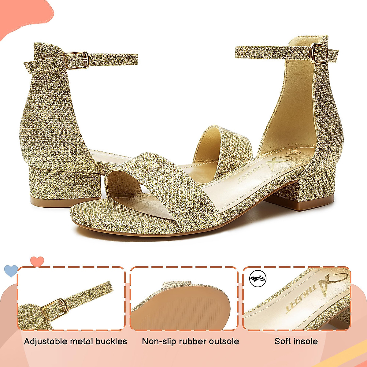 Athlefit Girls Sandals Open Toe Ankle Strap Low Heels Girl Dress Shoes For Toddler Little Big Kid Gold Glitter Size 1