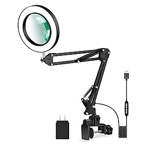 BRISON Magnifying Desk Lamp with Clamp, 3 Adjustable Light, 10 Brightness 8X Magnifier Lamps for Reading/Office/Soldering/Crafts, Swing Arms LED Desk Lamp with Sleep Timer Function
