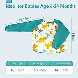 Long Sleeve Bibs for Babies Boys 6-12-18-24 Months Waterproof Toddler Shirt Bib with Sleeves Food Catcher for Feeding Eating Led Weaning Mess Proof Smock Bib Wearable Reusable Washable Quick Dry
