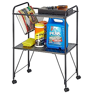 mDesign Steel 2-Tier Rolling Utility Cart with Wire Storage Basket, Metal Frame Stand with Fully Rotating Wheels for Kitchen, Living Room, Office, Garage, Laundry Room, or Bedroom - Matte Black