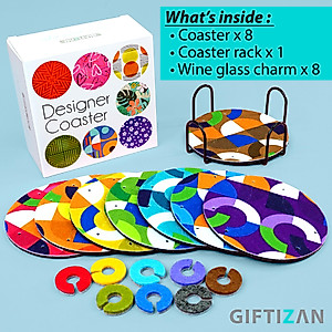 GIFTIZAN - Coasters Set of 8 - Coasters for Drinks Absorbent - Wine Charms for Stem Glasses - 100% Recyclable Premium Felt - with Metal Coaster Holder - House Warming Gifts (Chevron)