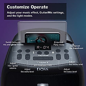 DOSS Bluetooth Speaker, PartyBoom Speaker with 60W Immersive Sound, Punchy Bass, Mixed Colors Lights, PartySync, 12H Playtime, Mic and Guitar Inputs, Portable Speaker for Indoor, Outdoor Party