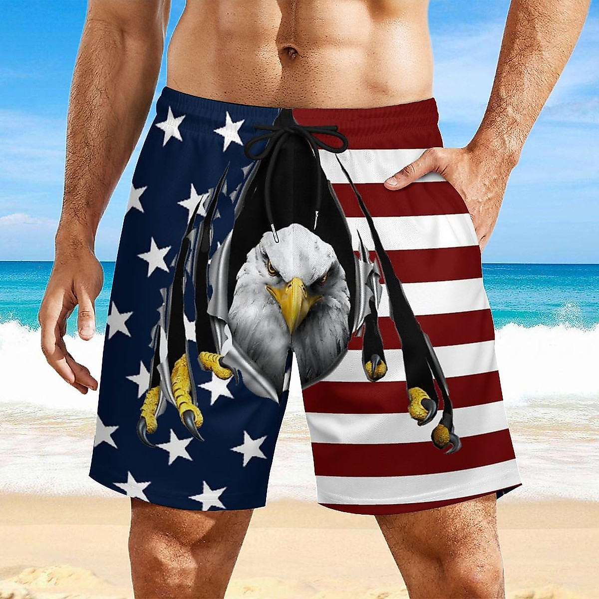 Heucapc Men's American Flag Swim Trunks Quick Dry Swimming Trunks Patriotic Beach Shorts with Mesh Lining and Pockets M