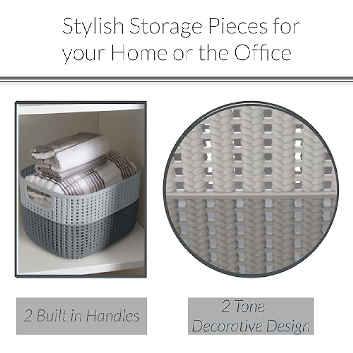 Simplify 2 Tone Sailor Knot Plastic Storage Tote | Decorative Basket | Closet Organization | De-clutter | Accessories | Toys | Bathroom Organization | Large | Grey/Grey