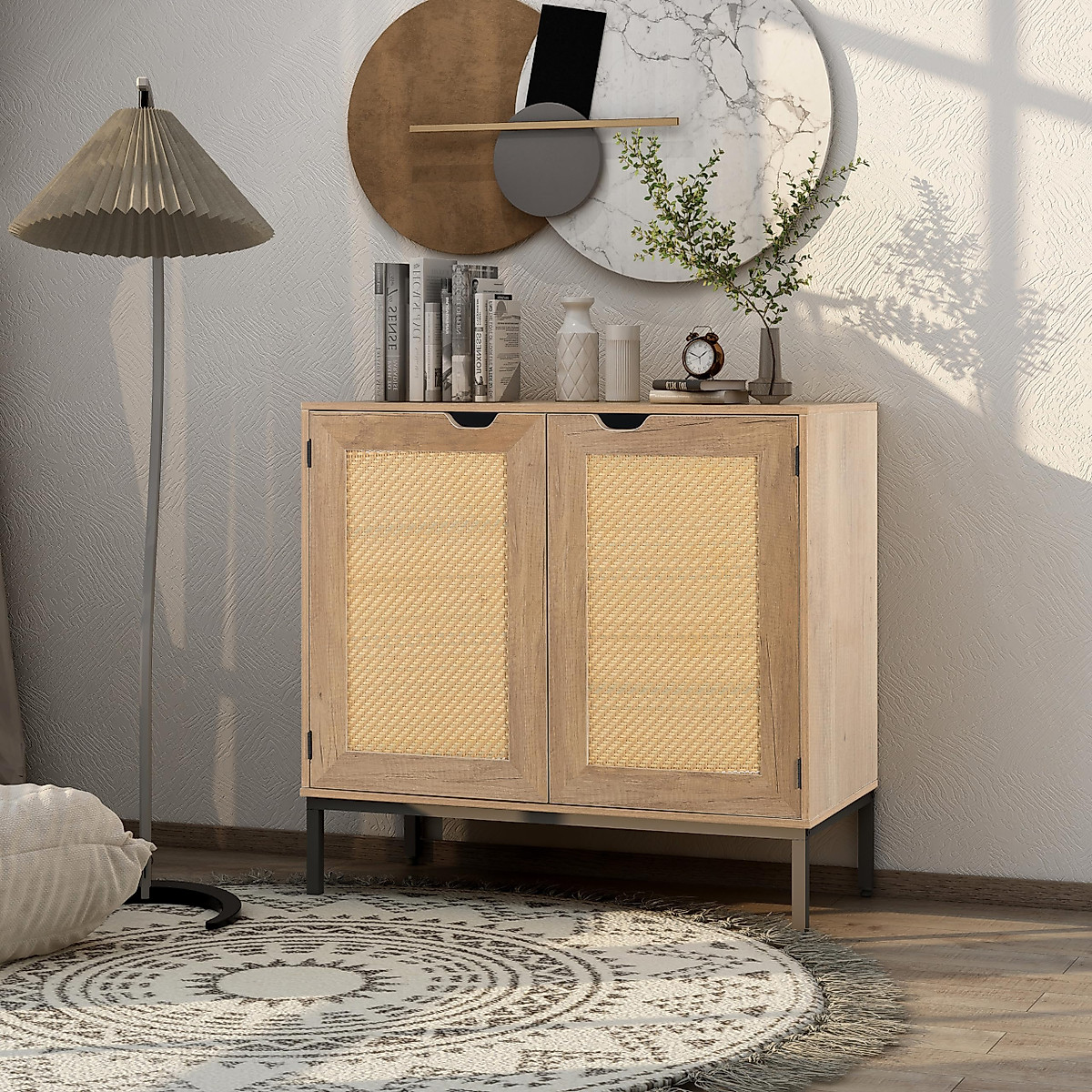 HESIEU Country Style Storage Cabinet with 2 Rattan Doors Natural Wood Sideboard Decorative Table Shoe Cabinet Office Cabinet with Metal Legs for Dining Room Kitchen Hallway Office