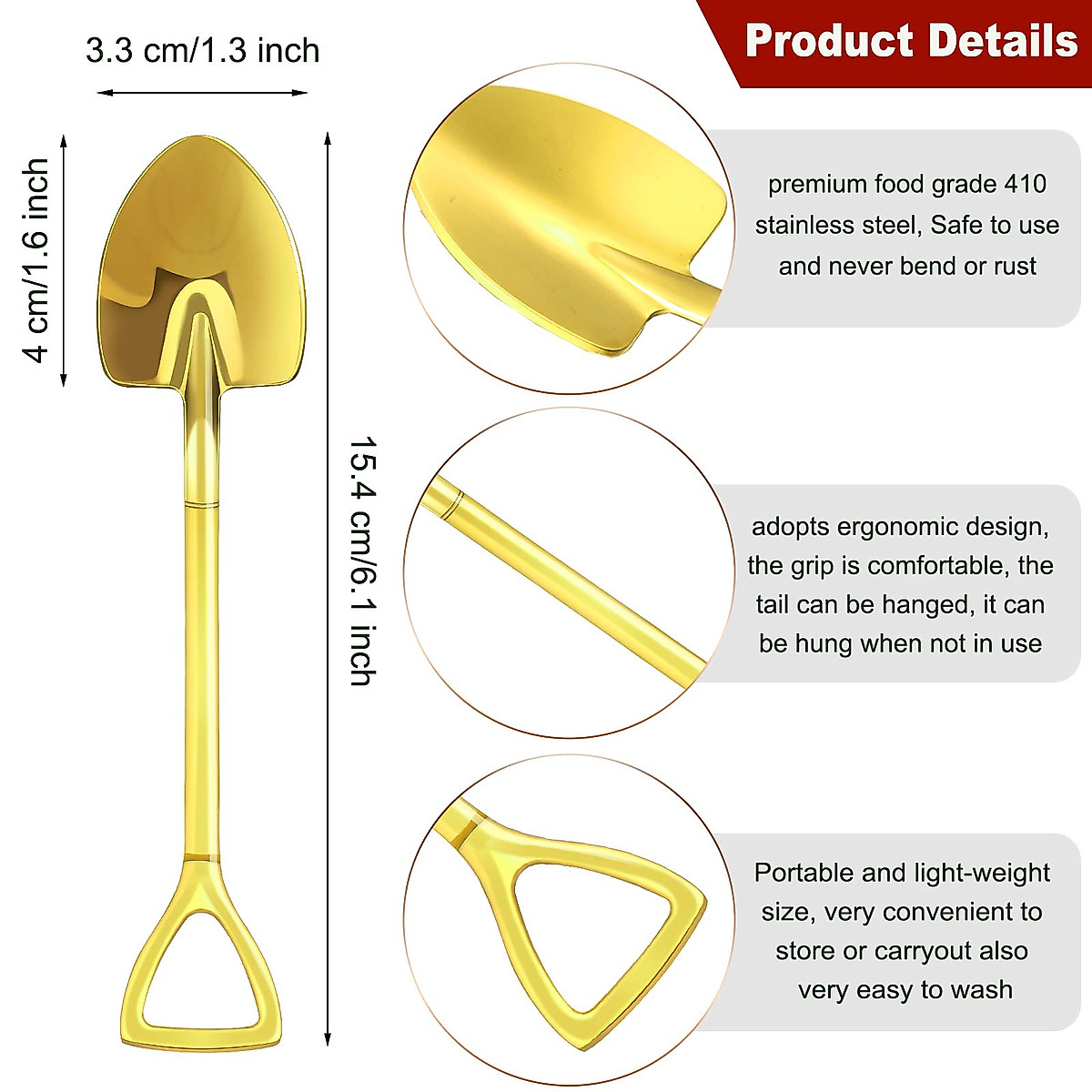 8 Pieces Gold Shovel Shape Spoons Stainless Steel Shovel Shape Coffee Ice Cream Dessert Spoons for Home and Party
